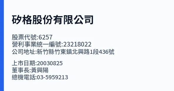 矽格股份有限公司 股票代號 6257 統編 23218022 上市公司基本資料圖
