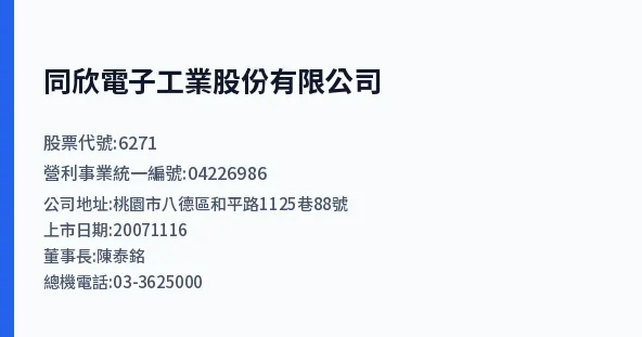 同欣電子工業股份有限公司 股票代號 6271 統編 04226986 上市公司基本資料圖