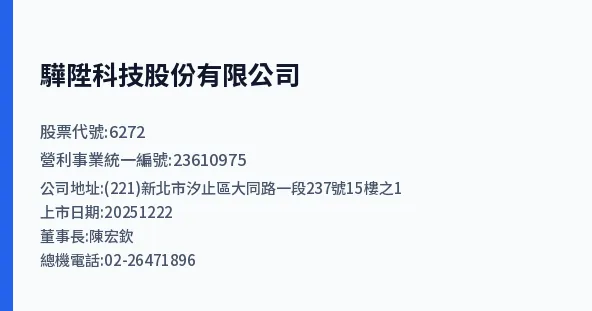 驊陞科技股份有限公司 股票代號 6272 統編 23610975 上市公司基本資料圖