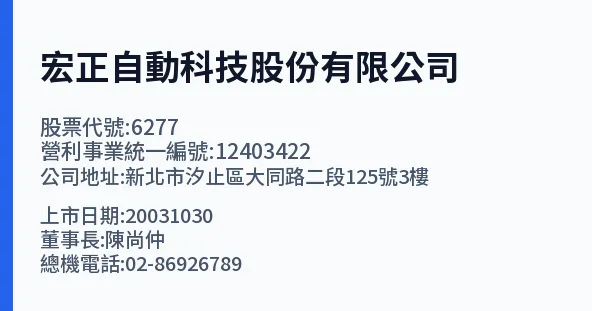 宏正自動科技股份有限公司 股票代號 6277 統編 12403422 上市公司基本資料圖