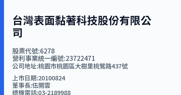 台灣表面黏著科技股份有限公司 股票代號 6278 統編 23722471 上市公司基本資料圖