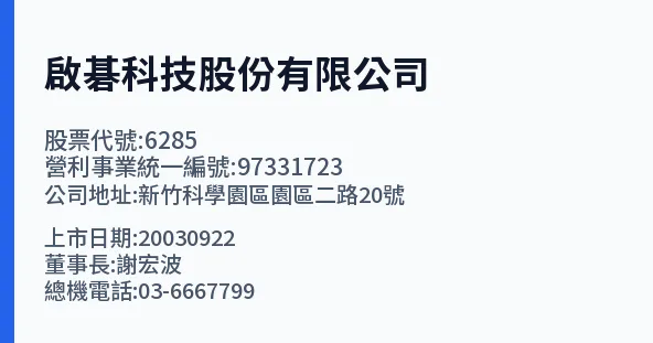 啟碁科技股份有限公司 股票代號 6285 統編 97331723 上市公司基本資料圖