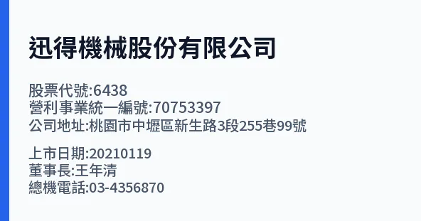 迅得機械股份有限公司 股票代號 6438 統編 70753397 上市公司基本資料圖