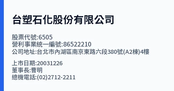 台塑石化股份有限公司 股票代號 6505 統編 86522210 上市公司基本資料圖