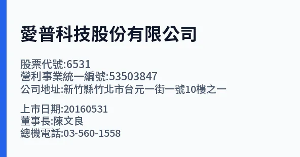 愛普科技股份有限公司 股票代號 6531 統編 53503847 上市公司基本資料圖