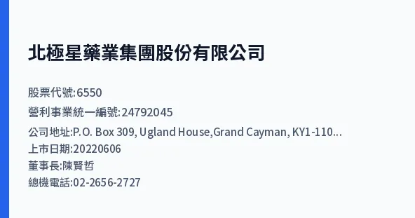 北極星藥業集團股份有限公司 股票代號 6550 統編 24792045 上市公司基本資料圖