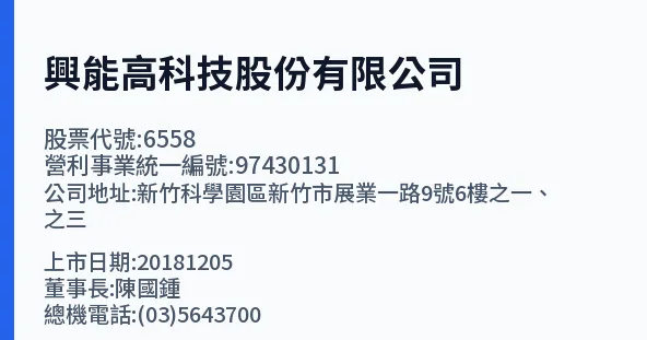 興能高科技股份有限公司 股票代號 6558 統編 97430131 上市公司基本資料圖