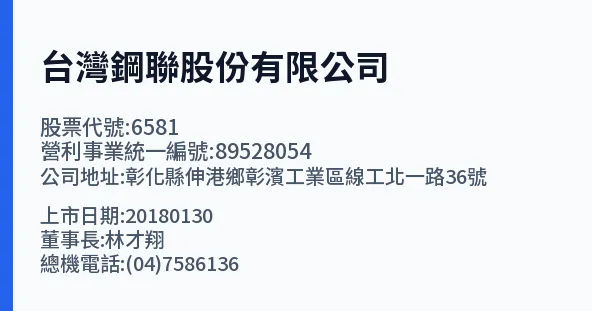 台灣鋼聯股份有限公司 股票代號 6581 統編 89528054 上市公司基本資料圖