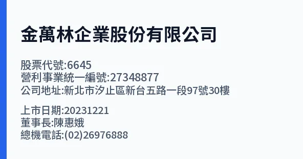 金萬林企業股份有限公司 股票代號 6645 統編 27348877 上市公司基本資料圖