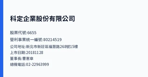 科定企業股份有限公司 股票代號 6655 統編 80214519 上市公司基本資料圖