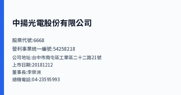 中揚光電股份有限公司 股票代號 6668 統編 54258218 上市公司基本資料圖