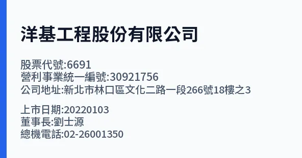 洋基工程股份有限公司 股票代號 6691 統編 30921756 上市公司基本資料圖