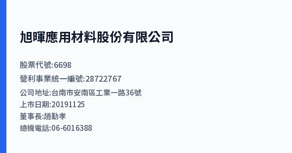 旭暉應用材料股份有限公司 股票代號 6698 統編 28722767 上市公司基本資料圖