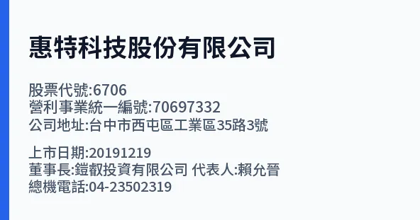 惠特科技股份有限公司 股票代號 6706 統編 70697332 上市公司基本資料圖