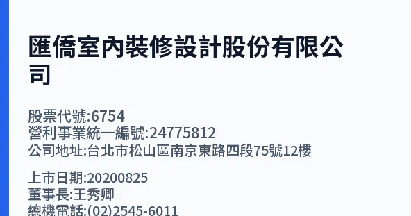 匯僑室內裝修設計股份有限公司 股票代號 6754 統編 24775812 上市公司基本資料圖