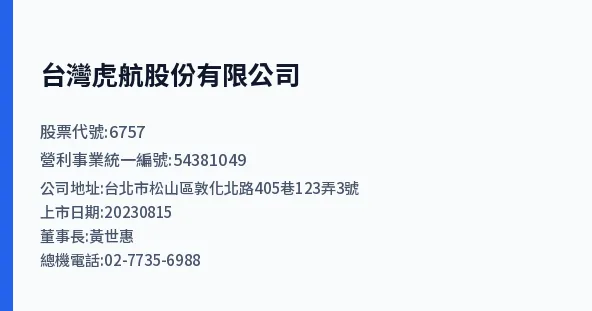 台灣虎航股份有限公司 股票代號 6757 統編 54381049 上市公司基本資料圖