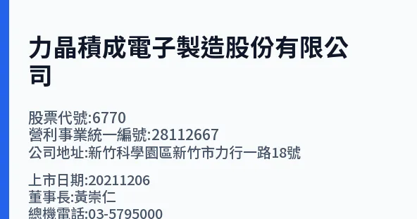 力晶積成電子製造股份有限公司 股票代號 6770 統編 28112667 上市公司基本資料圖