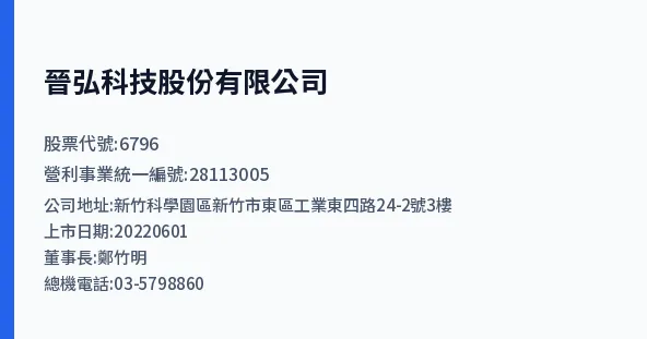 晉弘科技股份有限公司 股票代號 6796 統編 28113005 上市公司基本資料圖