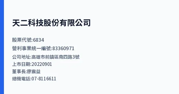 天二科技股份有限公司 股票代號 6834 統編 83360971 上市公司基本資料圖