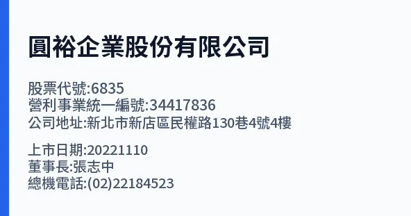 圓裕企業股份有限公司 股票代號 6835 統編 34417836 上市公司基本資料圖