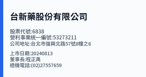 台新藥股份有限公司 股票代號 6838 統編 53273211 上市公司基本資料圖