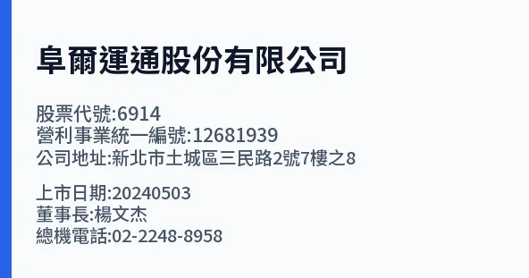阜爾運通股份有限公司 股票代號 6914 統編 12681939 上市公司基本資料圖