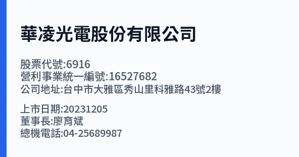 華凌光電股份有限公司 股票代號 6916 統編 16527682 上市公司基本資料圖