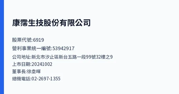 康霈生技股份有限公司 股票代號 6919 統編 53942917 上市公司基本資料圖