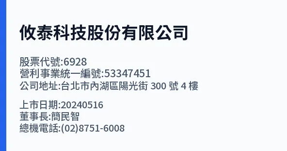 攸泰科技股份有限公司 股票代號 6928 統編 53347451 上市公司基本資料圖