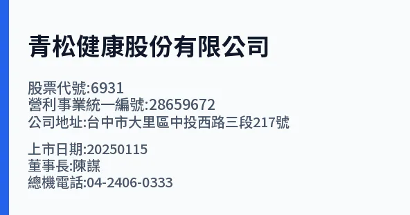 青松健康股份有限公司 股票代號 6931 統編 28659672 上市公司基本資料圖