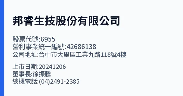 邦睿生技股份有限公司 股票代號 6955 統編 42686138 上市公司基本資料圖