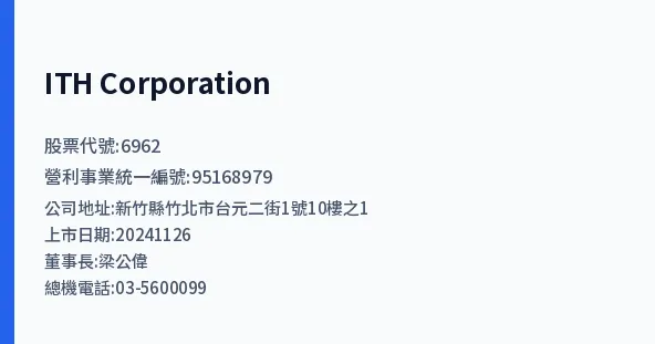 ITH Corporation 股票代號 6962 統編 95168979 上市公司基本資料圖