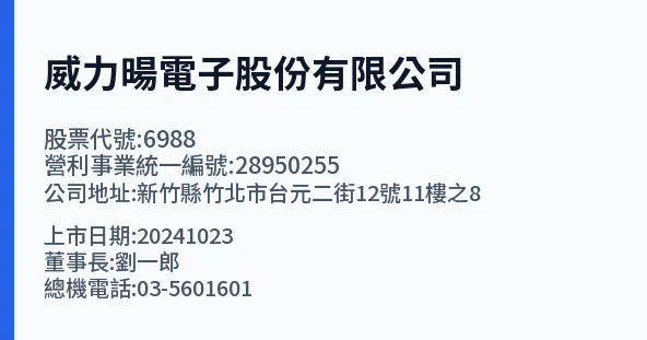 威力暘電子股份有限公司 股票代號 6988 統編 28950255 上市公司基本資料圖