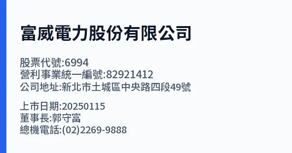 富威電力股份有限公司 股票代號 6994 統編 82921412 上市公司基本資料圖