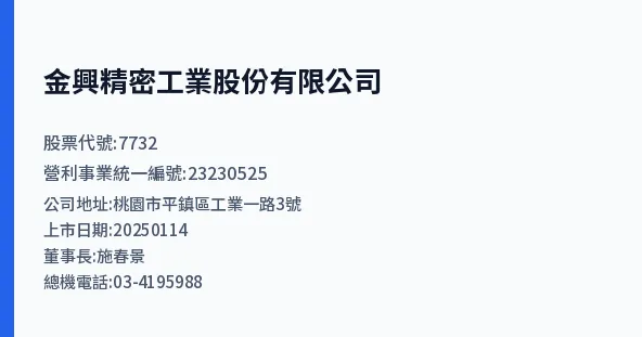 金興精密工業股份有限公司 股票代號 7732 統編 23230525 上市公司基本資料圖