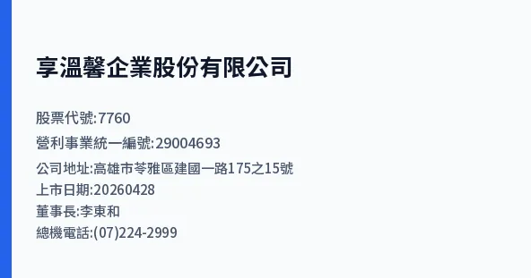 享溫馨企業股份有限公司 股票代號 7760 統編 29004693 上市公司基本資料圖