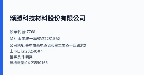 頌勝科技材料股份有限公司 股票代號 7768 統編 22231552 上市公司基本資料圖