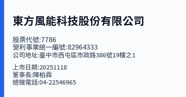 東方風能科技股份有限公司 股票代號 7786 統編 82964333 上市公司基本資料圖