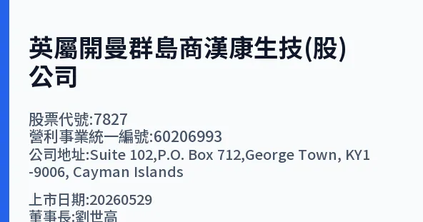 英屬開曼群島商漢康生技(股)公司 股票代號 7827 統編 60206993 上市公司基本資料圖