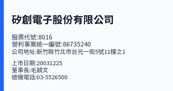 矽創電子股份有限公司 股票代號 8016 統編 86735240 上市公司基本資料圖