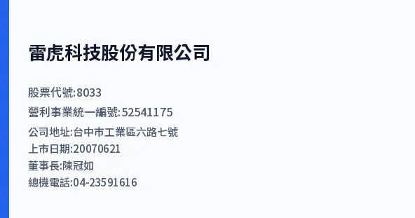 雷虎科技股份有限公司 股票代號 8033 統編 52541175 上市公司基本資料圖