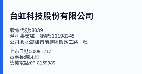 台虹科技股份有限公司 股票代號 8039 統編 16198345 上市公司基本資料圖