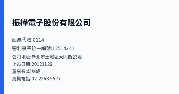 振樺電子股份有限公司 股票代號 8114 統編 12514341 上市公司基本資料圖