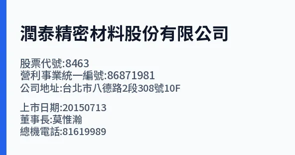 潤泰精密材料股份有限公司 股票代號 8463 統編 86871981 上市公司基本資料圖