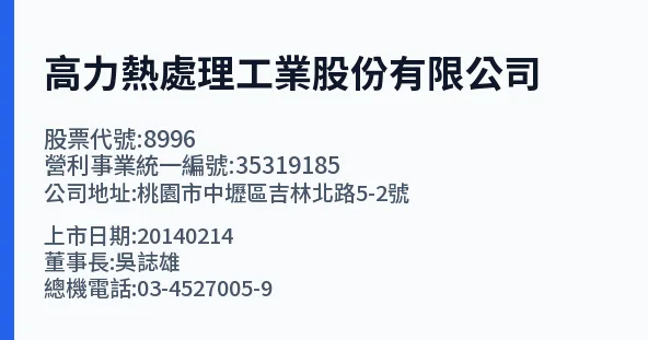 高力熱處理工業股份有限公司 股票代號 8996 統編 35319185 上市公司基本資料圖