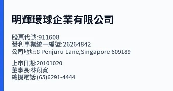 明輝環球企業有限公司 股票代號 911608 統編 26264842 上市公司基本資料圖