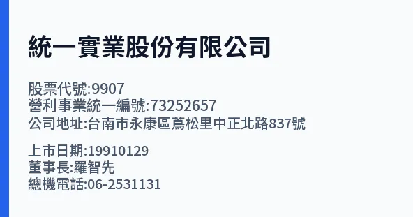統一實業股份有限公司 股票代號 9907 統編 73252657 上市公司基本資料圖