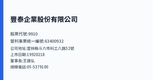 豐泰企業股份有限公司 股票代號 9910 統編 63400932 上市公司基本資料圖