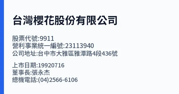 台灣櫻花股份有限公司 股票代號 9911 統編 23113940 上市公司基本資料圖