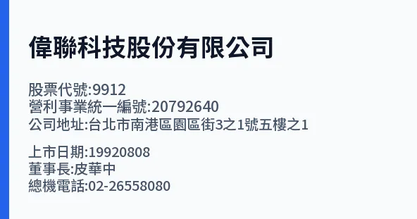 偉聯科技股份有限公司 股票代號 9912 統編 20792640 上市公司基本資料圖